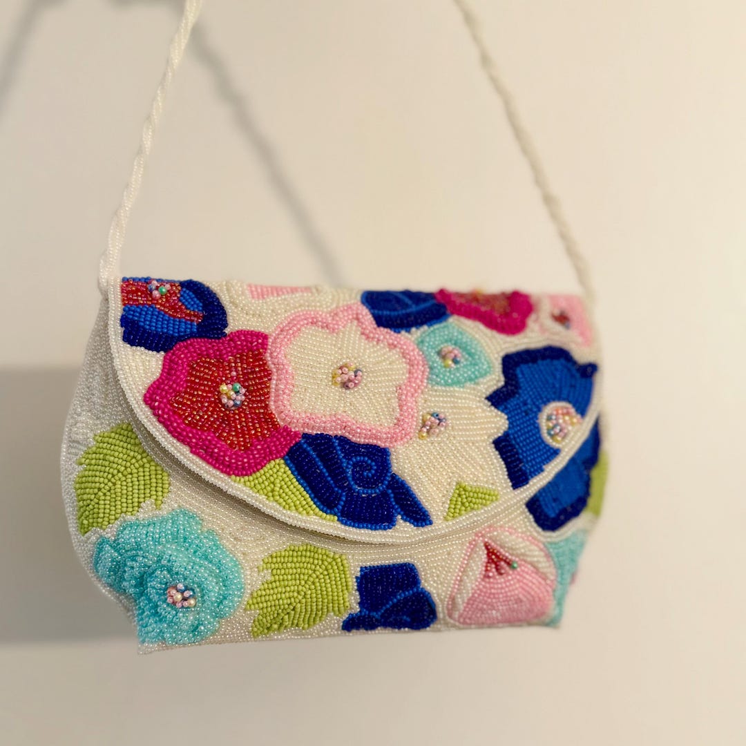 Multi- Color Floral Beaded Bag in Ivory - Etsy