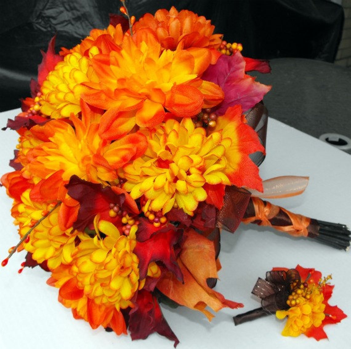 Fall Mum and Leaf Bouquet With Matching Boutineer - Etsy