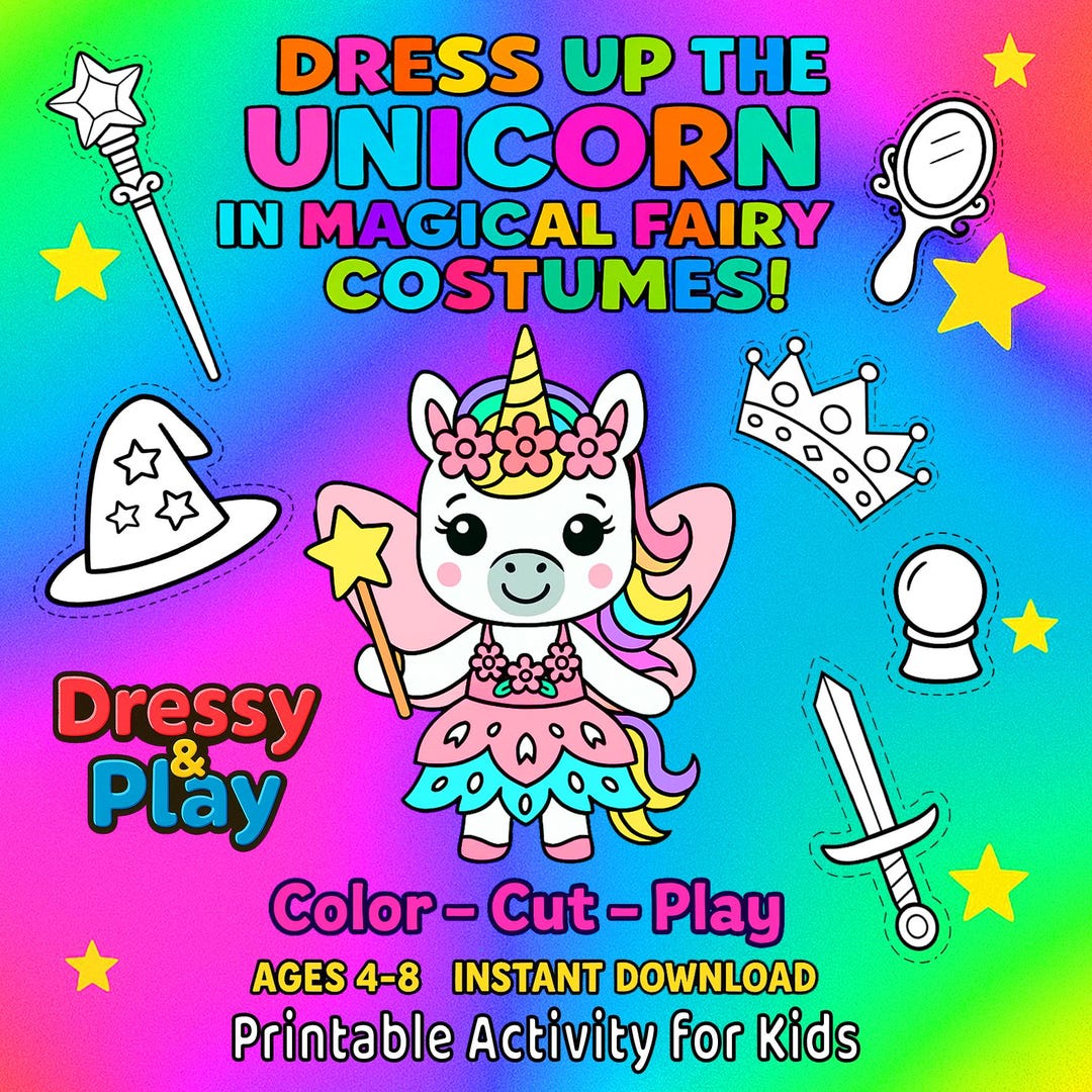 Unicorn Fairy Dress-up Paper Doll – Color & Cut Activity (PDF Pattern ...
