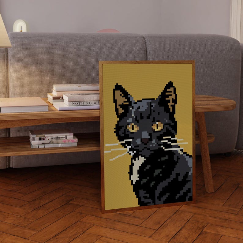 Pixel Art Cat Portrait – Retro 8-bit Style Cat Wall Art, Cute Tuxedo ...