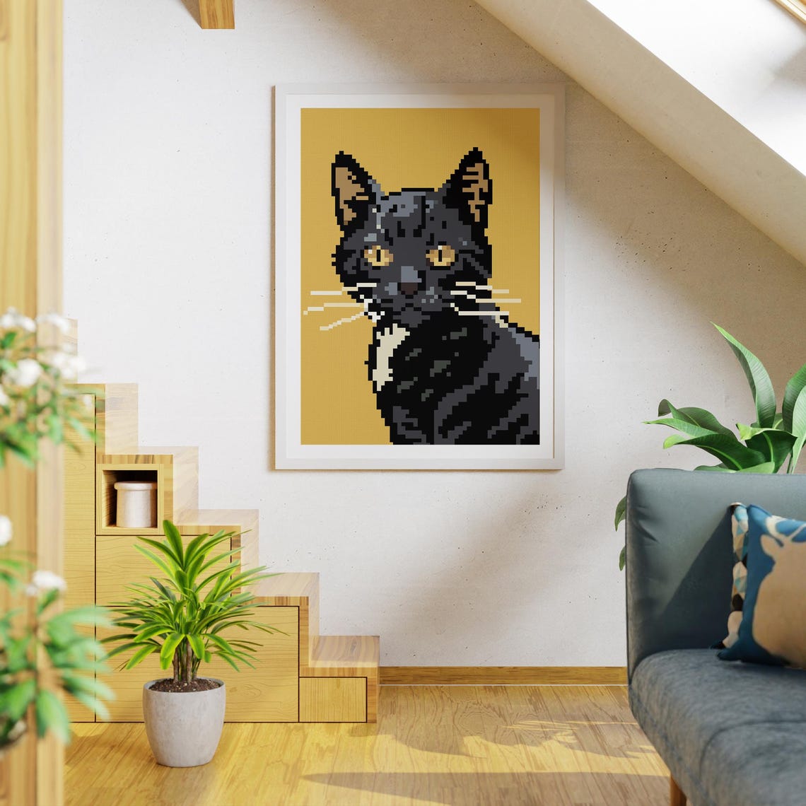 Pixel Art Cat Portrait – Retro 8-bit Style Cat Wall Art, Cute Tuxedo ...