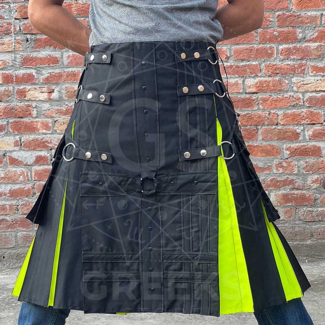 Black With Neon Yellow Utility Kilt, Cargo Pockets & Adjustable Straps ...