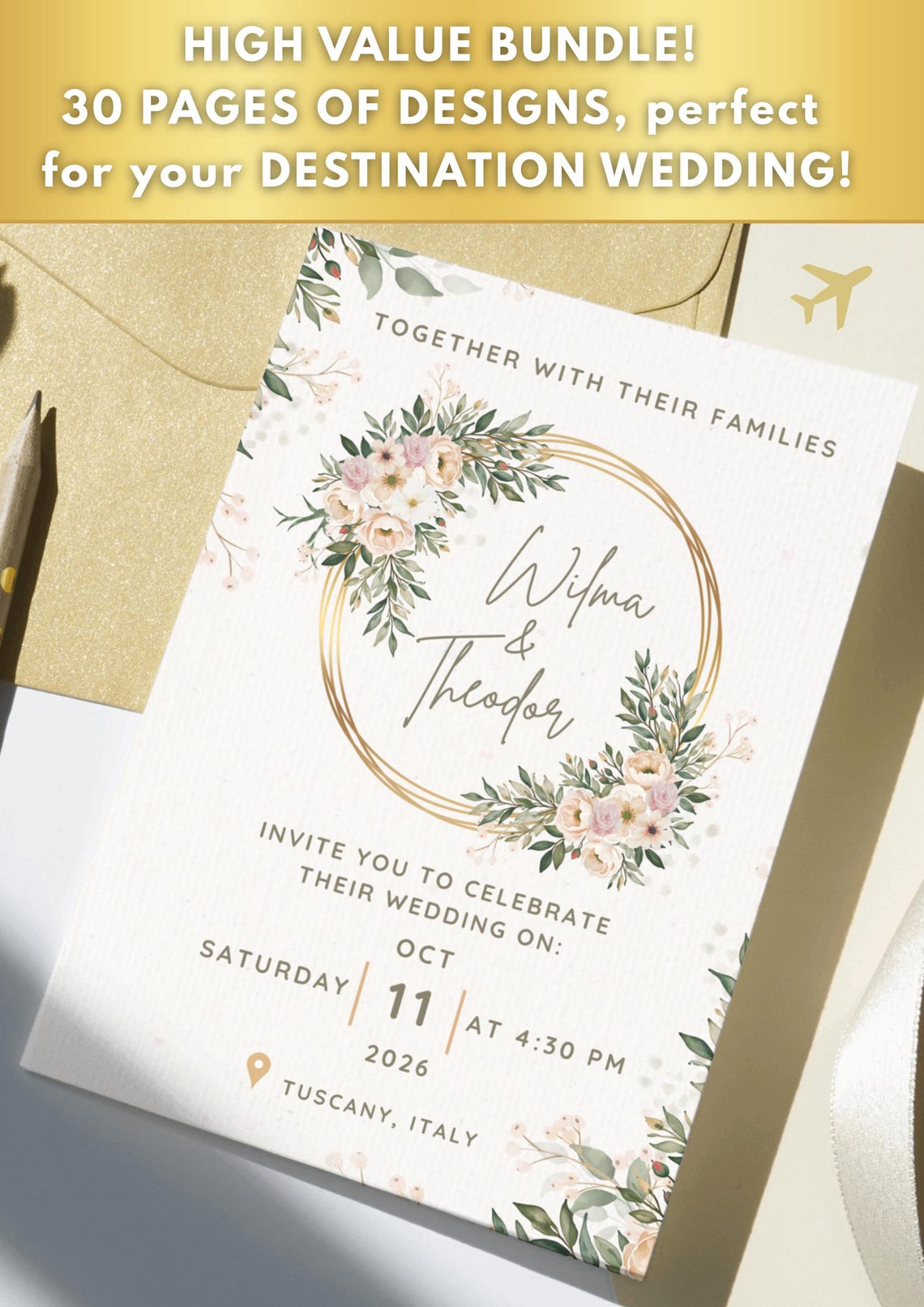 Floral Romance Destination Wedding Invitation Template Bundle - Etsy