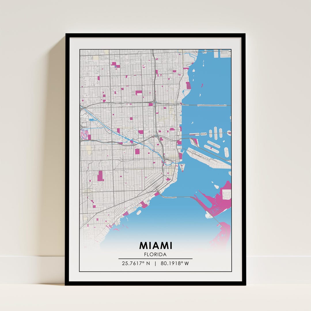 Miami Map Print, Digital File, Florida Map Poster, Wall Art, Map Print ...