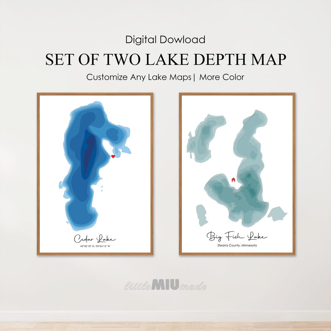 Digital File: Set of Two Custom Any Lake Depth Maps, Topographic Map ...