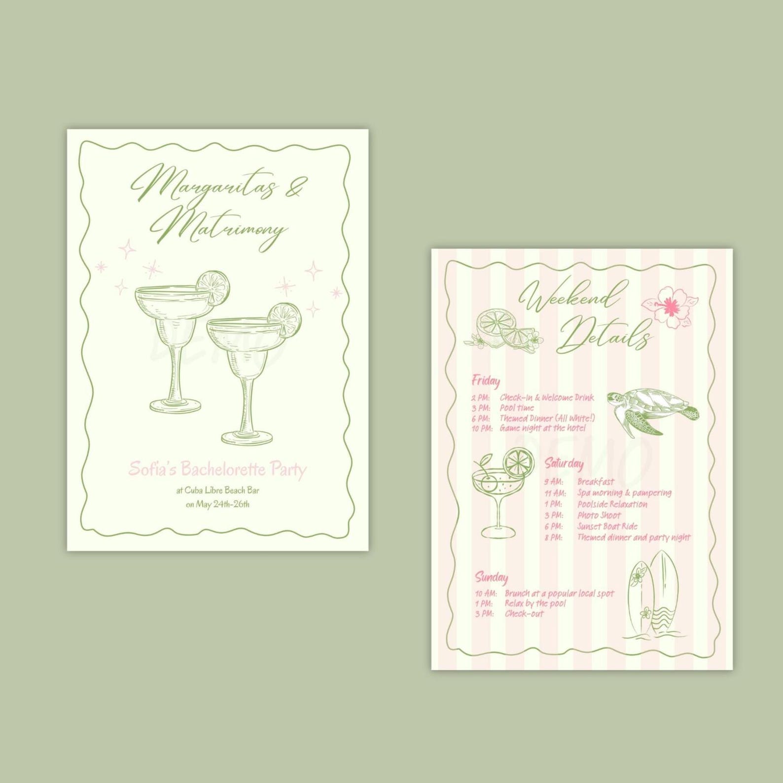 Margs & Matrimony Bachelorette Itinerary Template | Editable Canva Card ...
