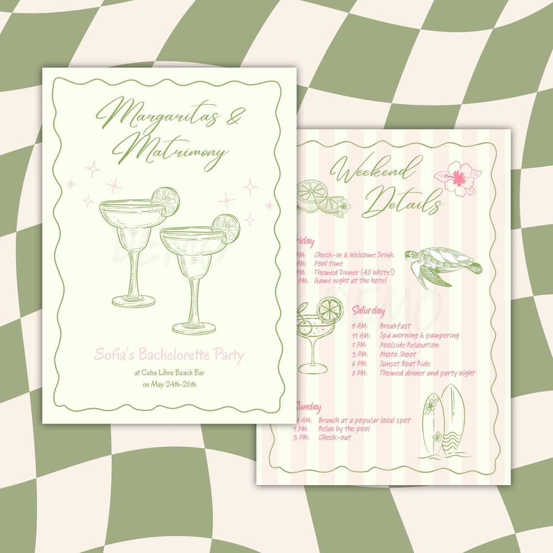 Margs & Matrimony Bachelorette Itinerary Template | Editable Canva Card ...