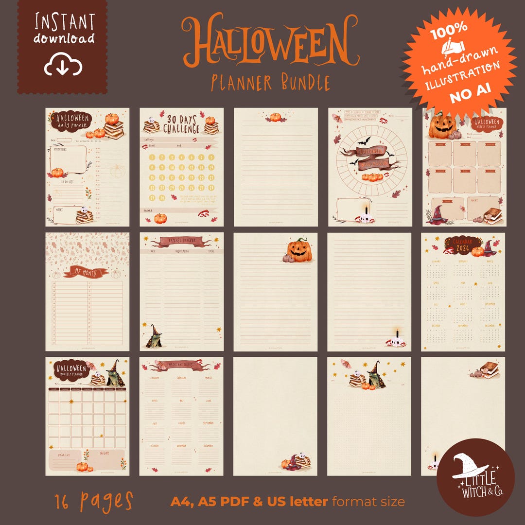 Witchy Halloween Planner Bundle, Hand-drawn Autumn Organizer, Digital ...