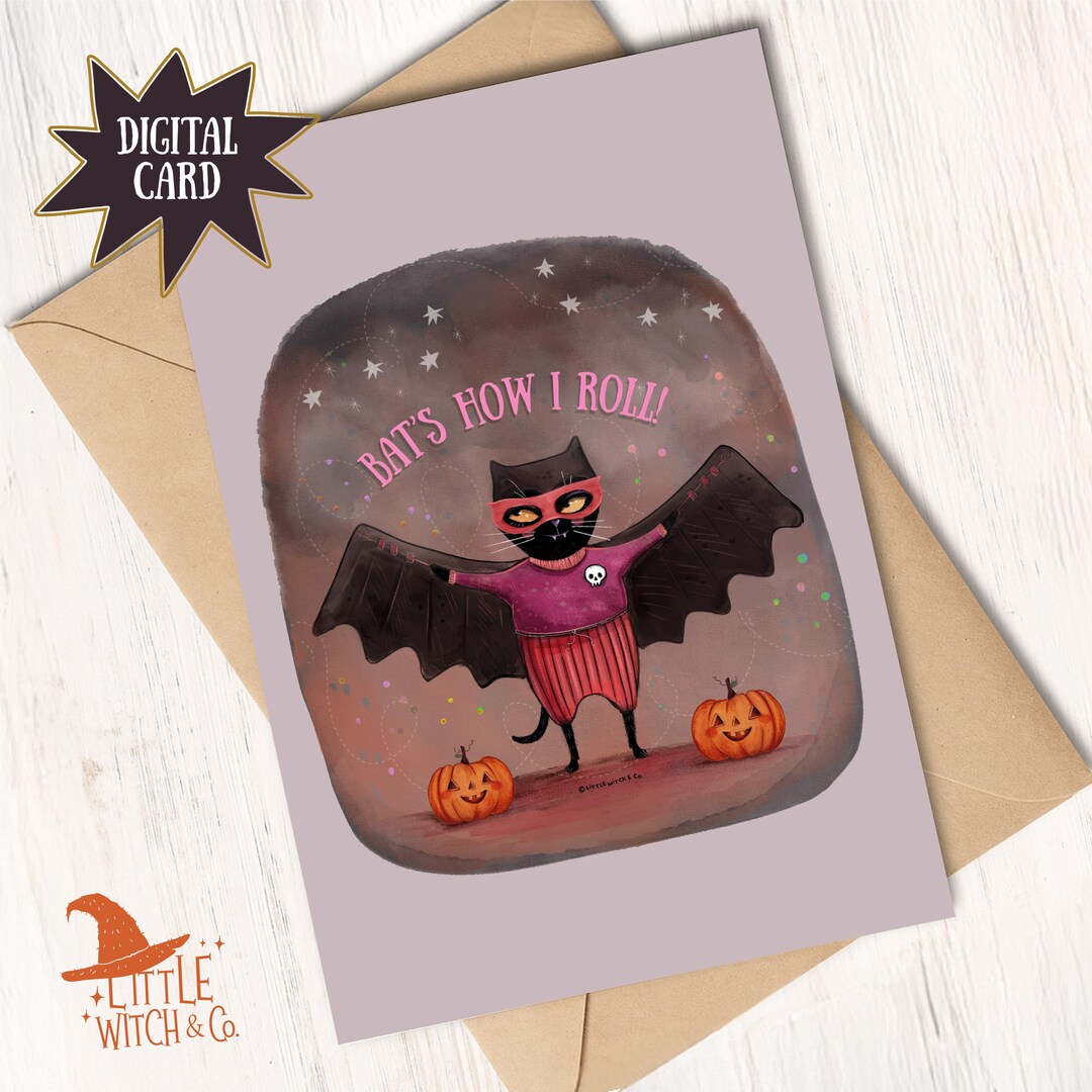 Funny Cat Bat Halloween Card Printable | “bats How I Roll” | 5x7 PDF ...