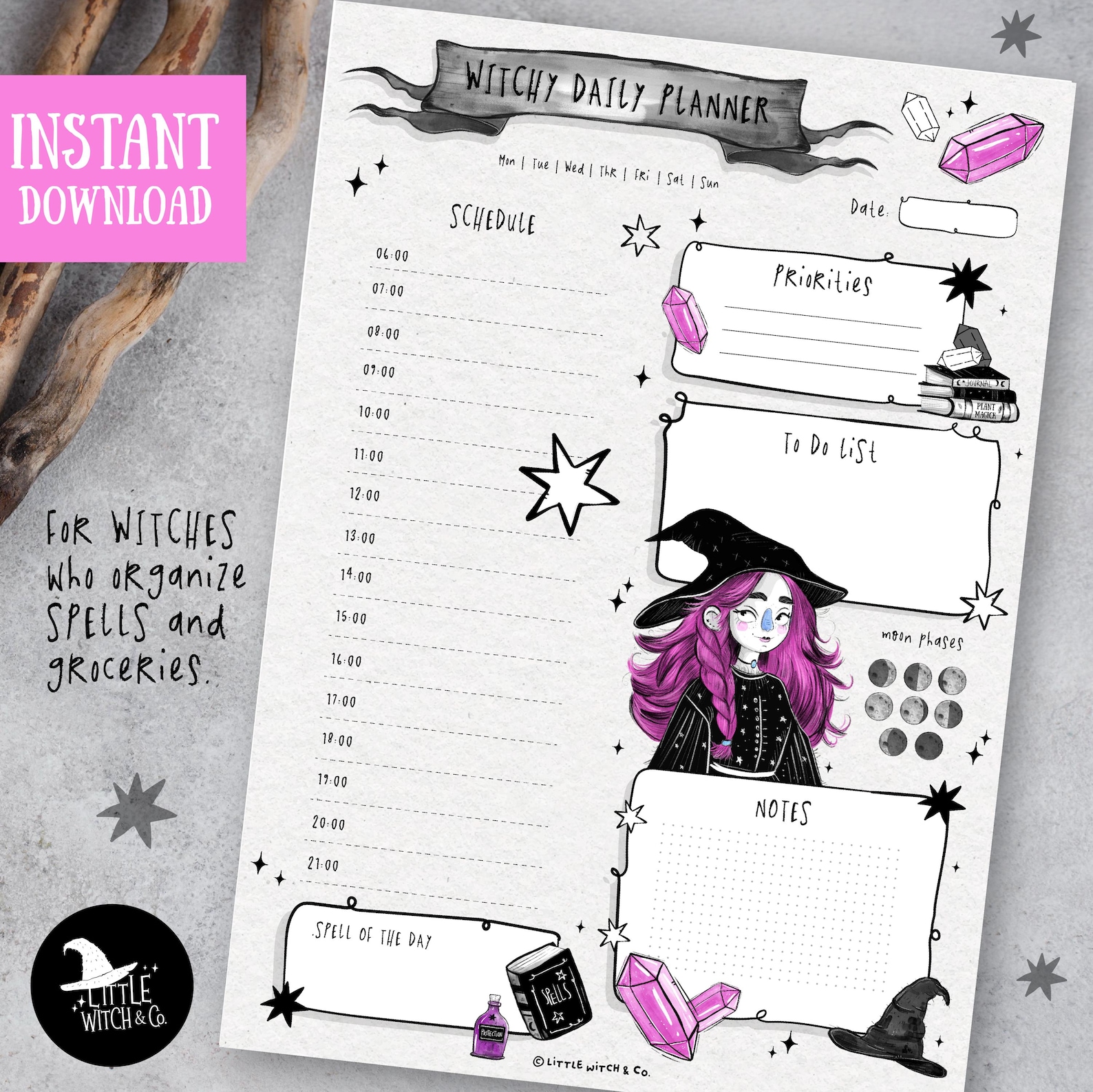 Witchy Daily Planner Printable: Pink Goodnotes Journal With Stickers ...