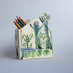 Ceramic Pencil Box, Pencil Pot With Owl, Ceramic House, Pencil Holder ...