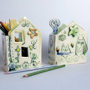 Ceramic Pencil Box, Pencil Pot With Windows, Ceramic House With Owl ...