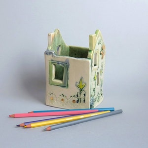 Ceramic Pencil Box, Pencil Pot With Windows, Ceramic House With Owl ...