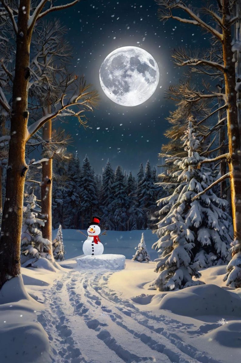 A Magical Winter Night Beneath the Moonlight, Where a Cheerful Snowman ...