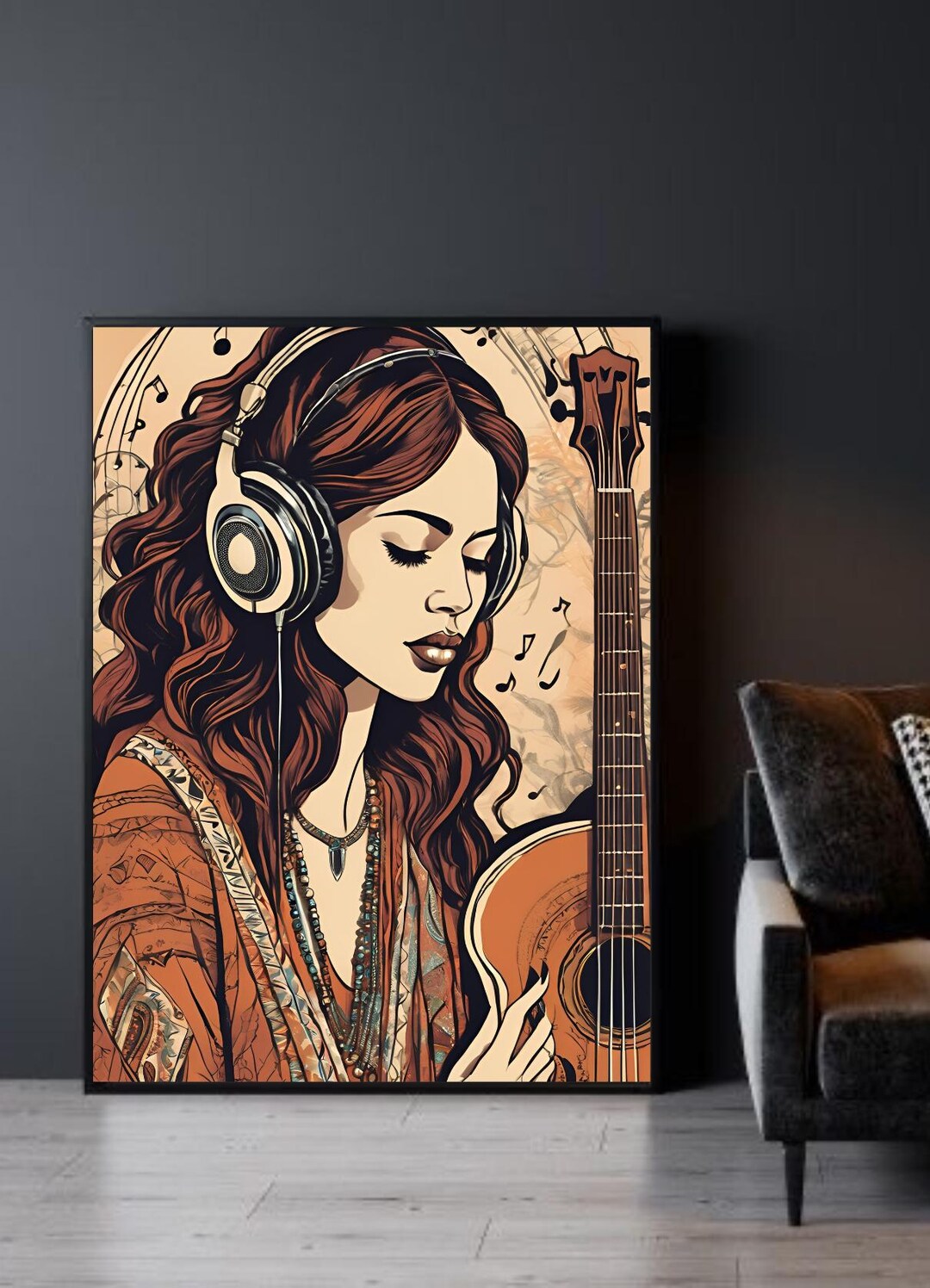 Boho Music Girl Wall Art | Vintage Guitar Headphones Poster | Digital ...