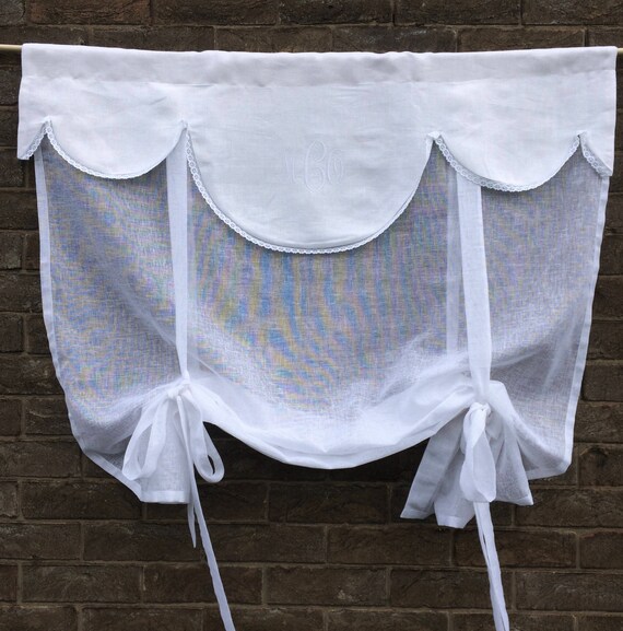 Linen Window Curtain with Monogram White Valance Roll up | Etsy