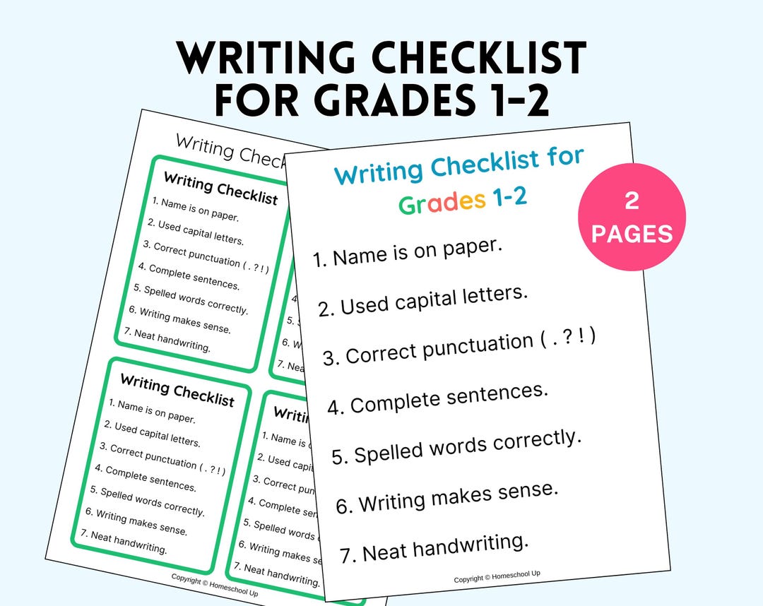 Elementary Writing Checklist Grades 1-2 (PDF Download) - Etsy