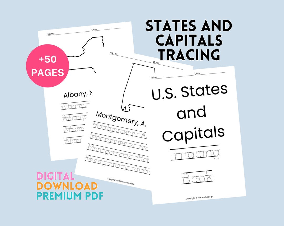 US States and Capitals Tracing Workbook: Geography Worksheets (PDF) - Etsy