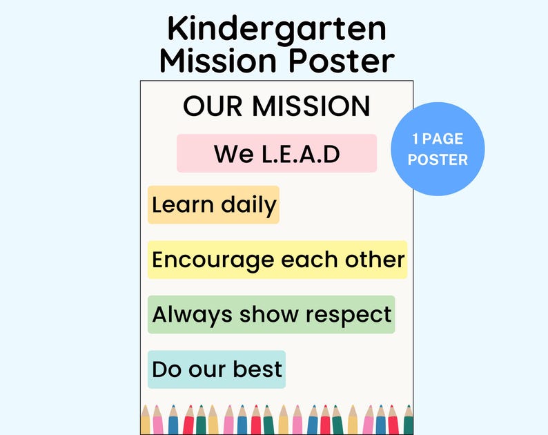 Kindergarten Mission Statement Poster: Classroom Decor (digital ...