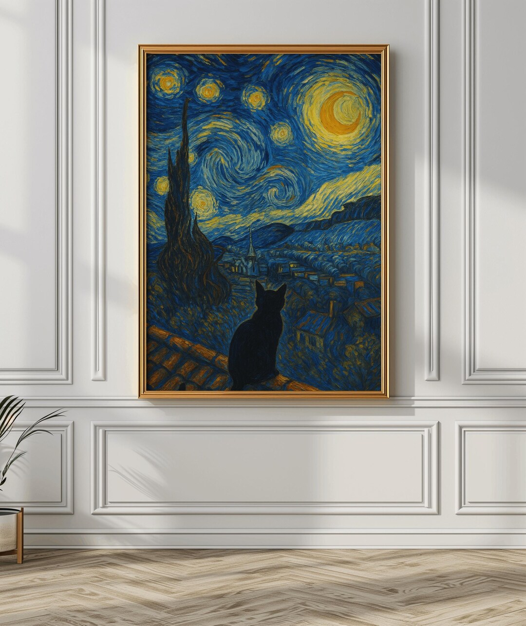 Starry Night Cat Poster, Matte Wall Art Print, Van Gogh Inspired ...