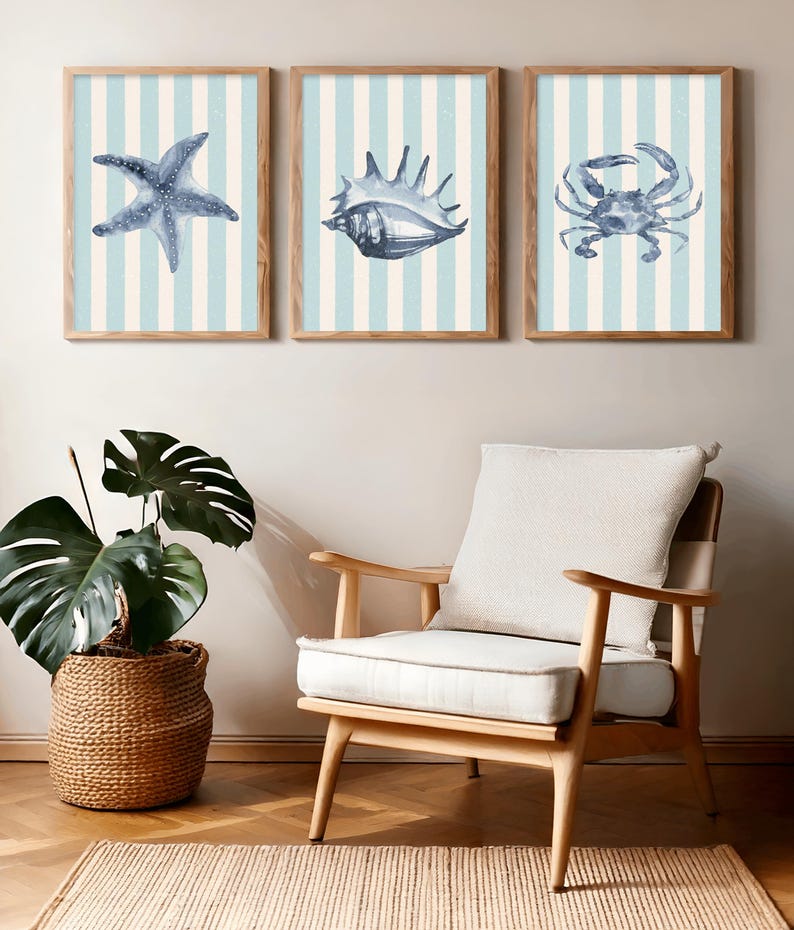 Coastal Wall Art Set of 3 | Nautical Crab Shell Starfish Prints ...