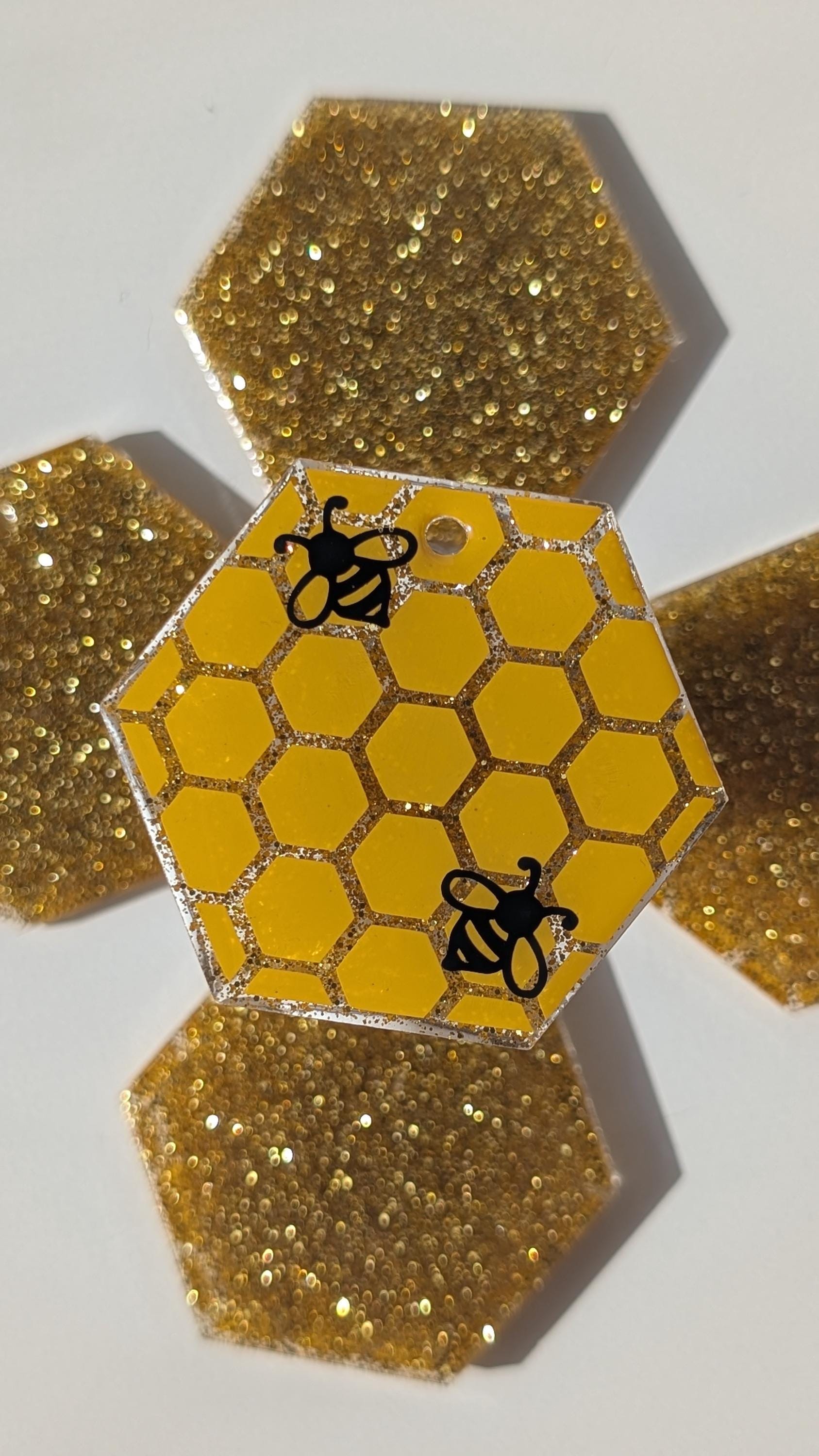 Bumblebee Honeycomb Keychain - Glitter Resin Hexagon Charm - Etsy