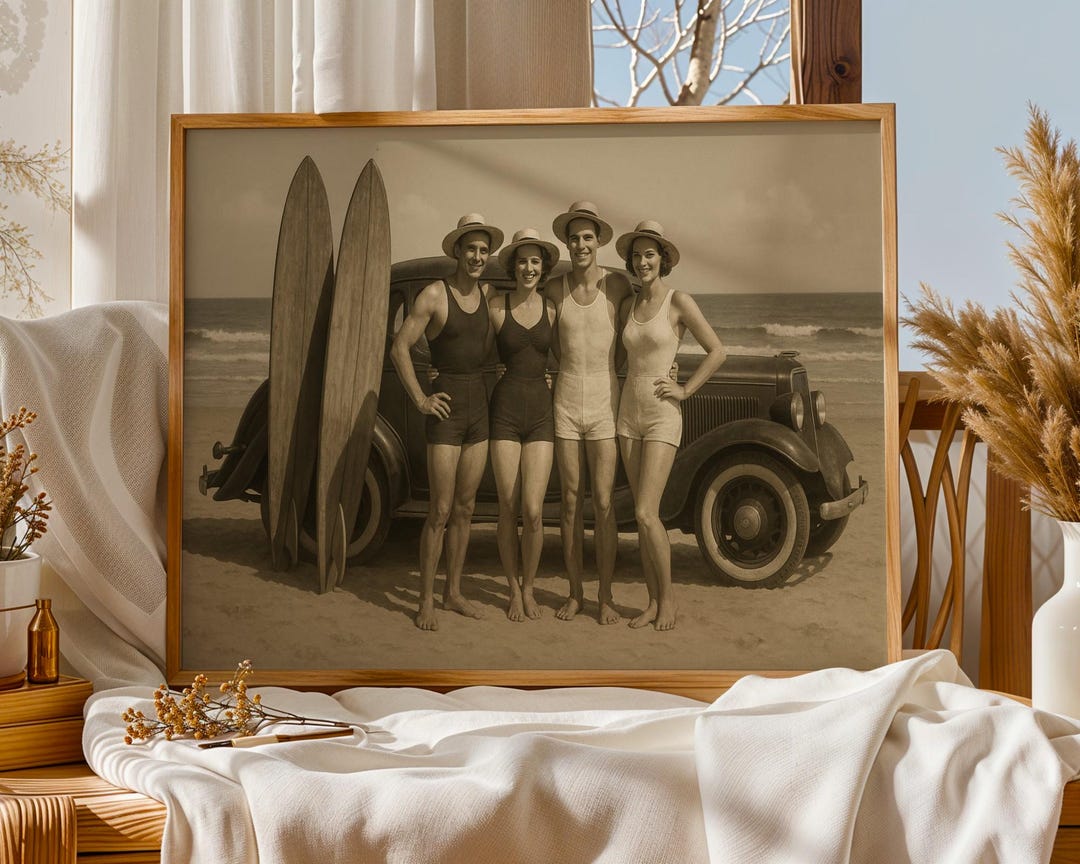 1920s Beach Photo Print: Retro Swimsuits, Surfboards & Classic Car ...