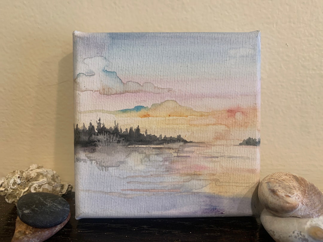 Original Watercolor Painting on Canvas. 4x4” Tiny Painting. Landscape ...