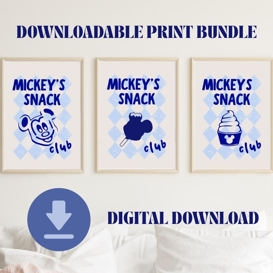 Mickey Snack Club Prints | Set of 3 Blue Disney Wall Art | Classic ...