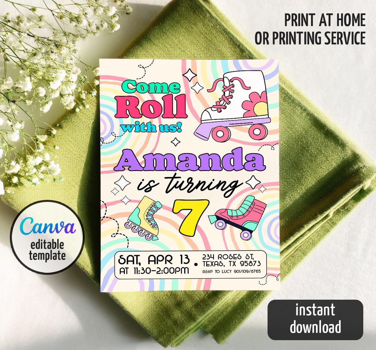 Roll Birthday Invitation, Skate Printable Invite, Editable Invitation ...