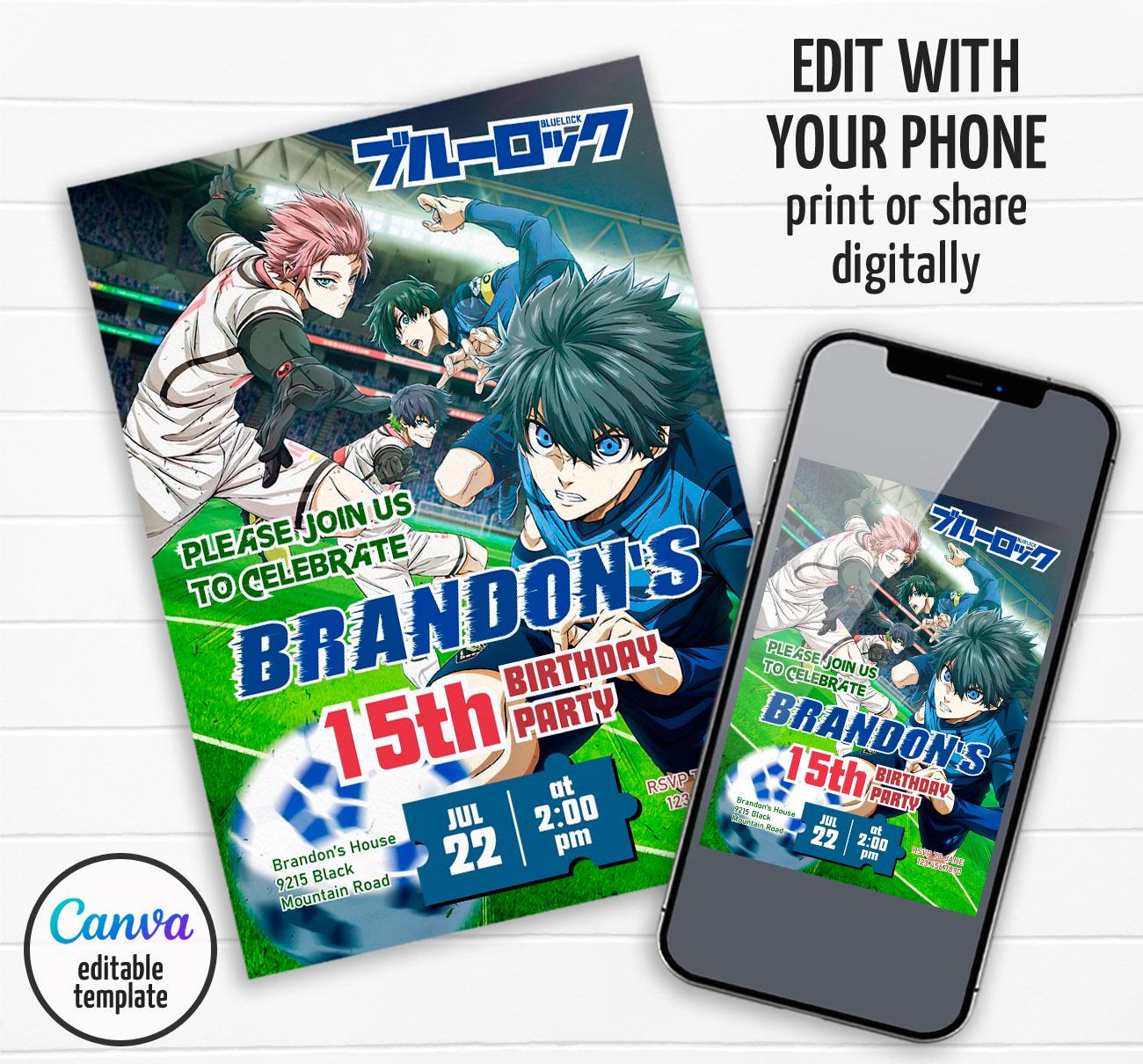 Anime Invitation, Printable Editable Manga Birthday Invite, Birthday ...