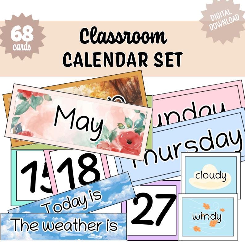 Printable Classroom Calendar Kit Months Days Seasons Weather Date Cards ...