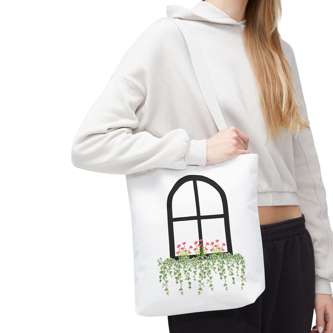 Floral Window Tote Bag, Trendy Eco-friendly Shopping Bag, Cozy Grocery ...