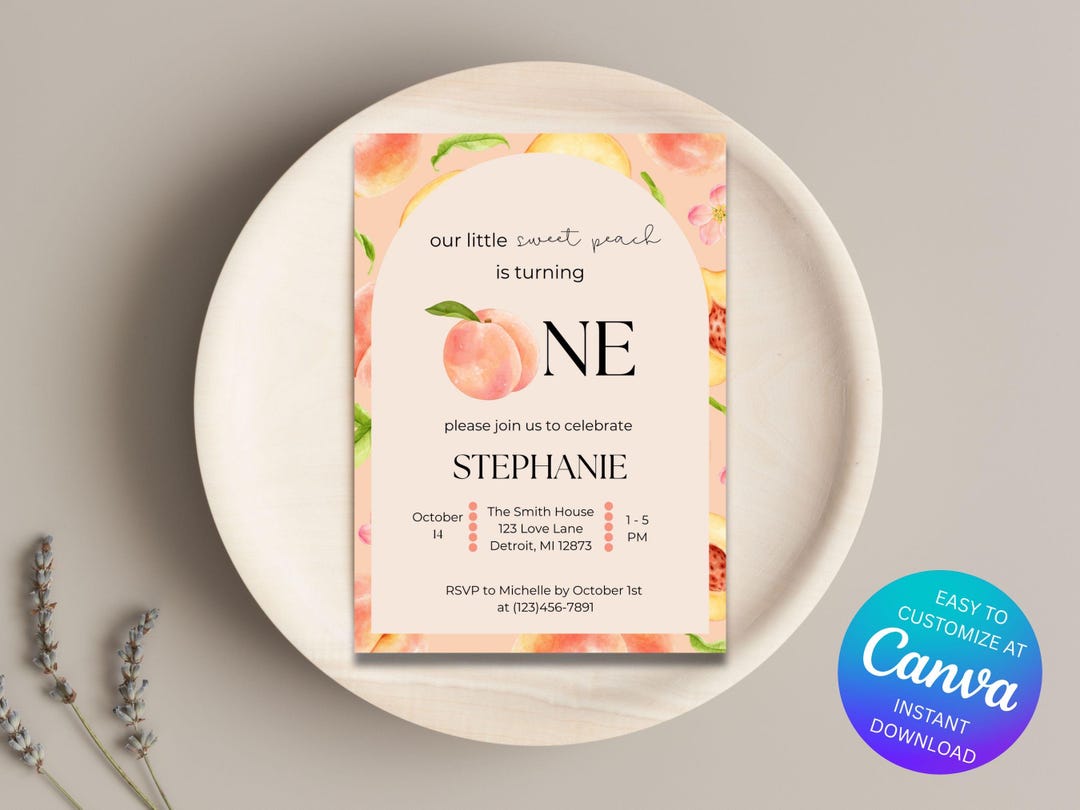 Sweet Peach First Birthday Invitation | Editable Template (digital ...