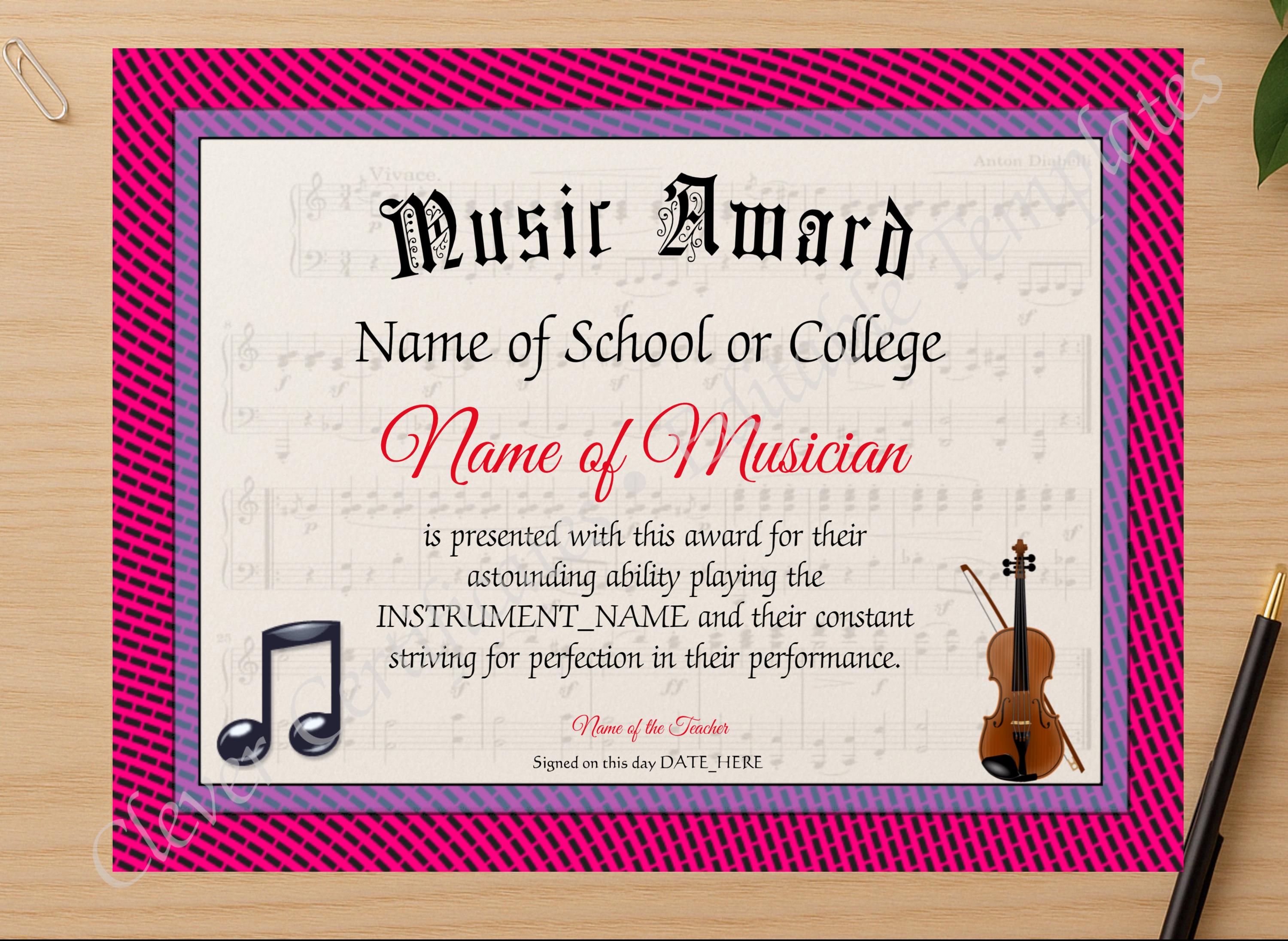 Music Achievement Award Certificate – Editable Recognition for ...