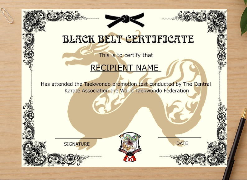 Karate Black Belt Promotion Certificate Template, Printable Martial ...