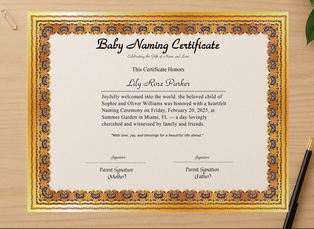 Editable Baby Naming Certificate Template: Printable Keepsake (digital ...