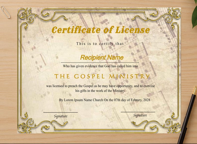 Printable Preaching Certificate Template, Editable Church Minister ...