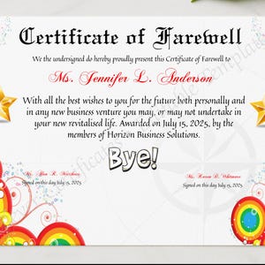 Editable Farewell Certificate Template: Printable Goodbye Award (PDF ...
