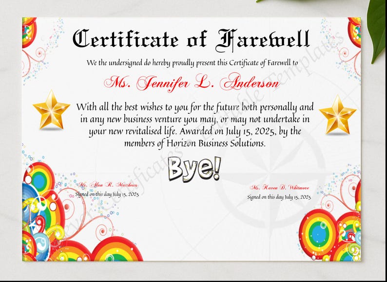 Editable Farewell Certificate Template: Printable Goodbye Award (PDF ...