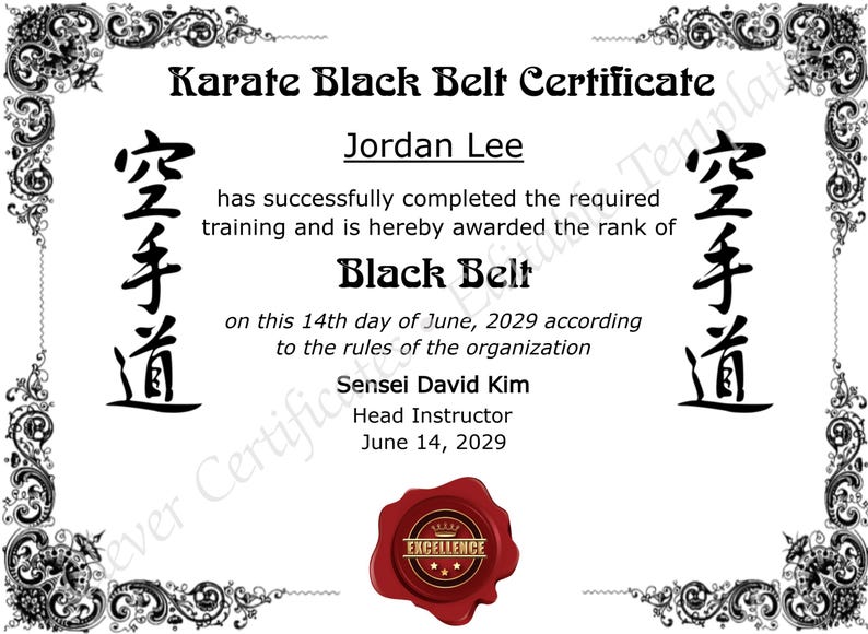 Karate Black Belt Certificate Template: Editable, Printable Martial ...