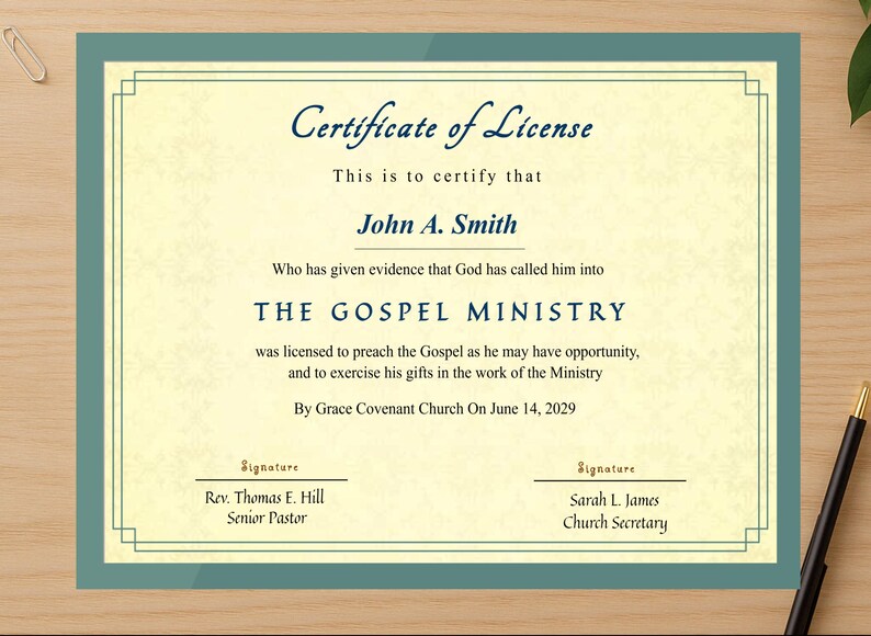 Printable Pastor Ordination Certificate: Editable Minister License (PDF ...