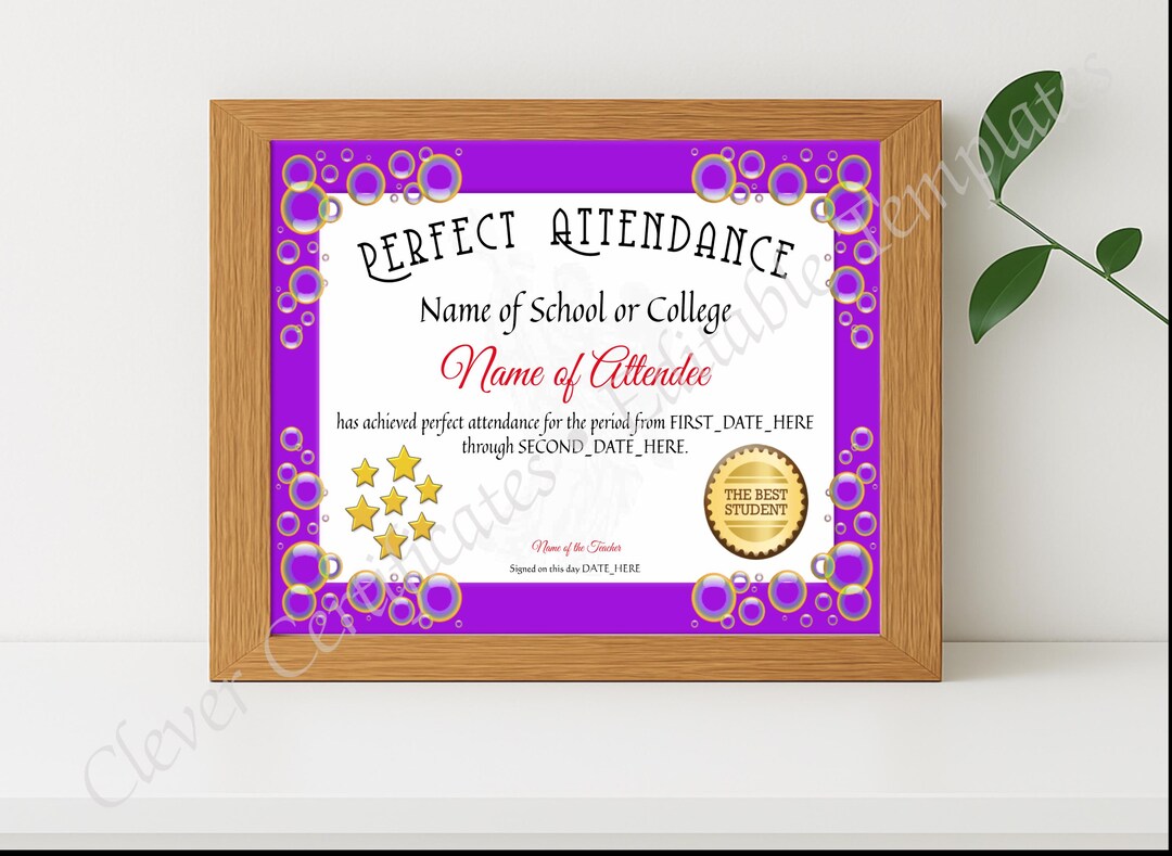 Perfect Attendance Certificate – Editable School Attendance Award ...