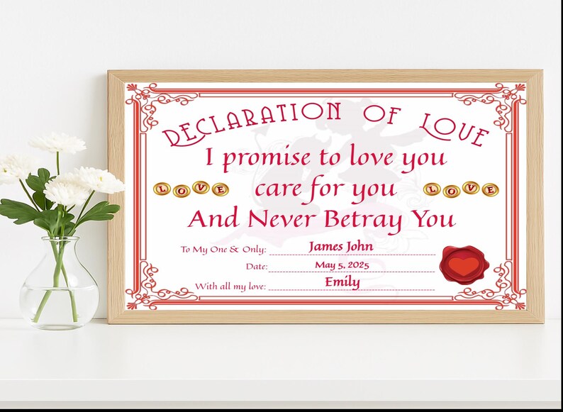 Editable Declaration of Love Certificate – Personalized Romantic Gift ...