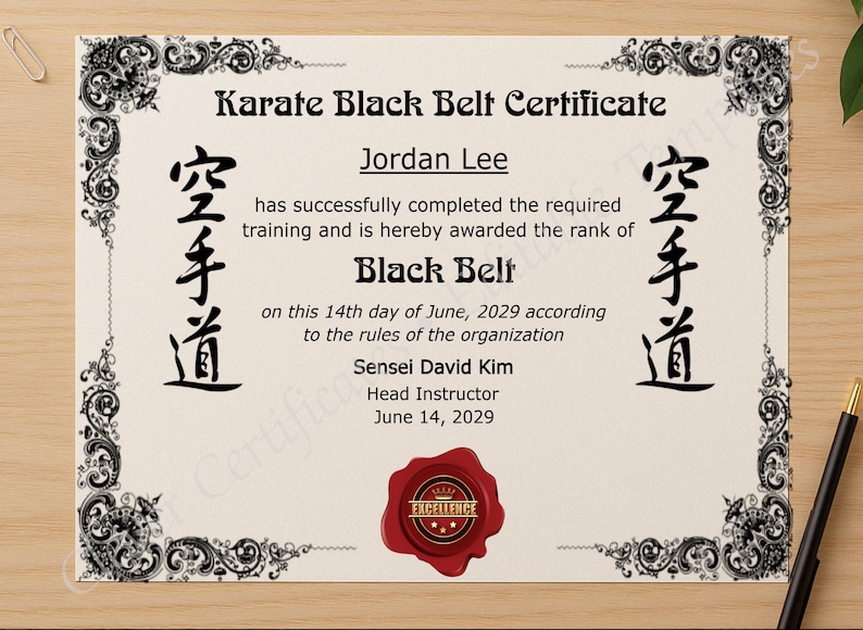 Karate Black Belt Certificate Template: Editable, Printable Martial ...
