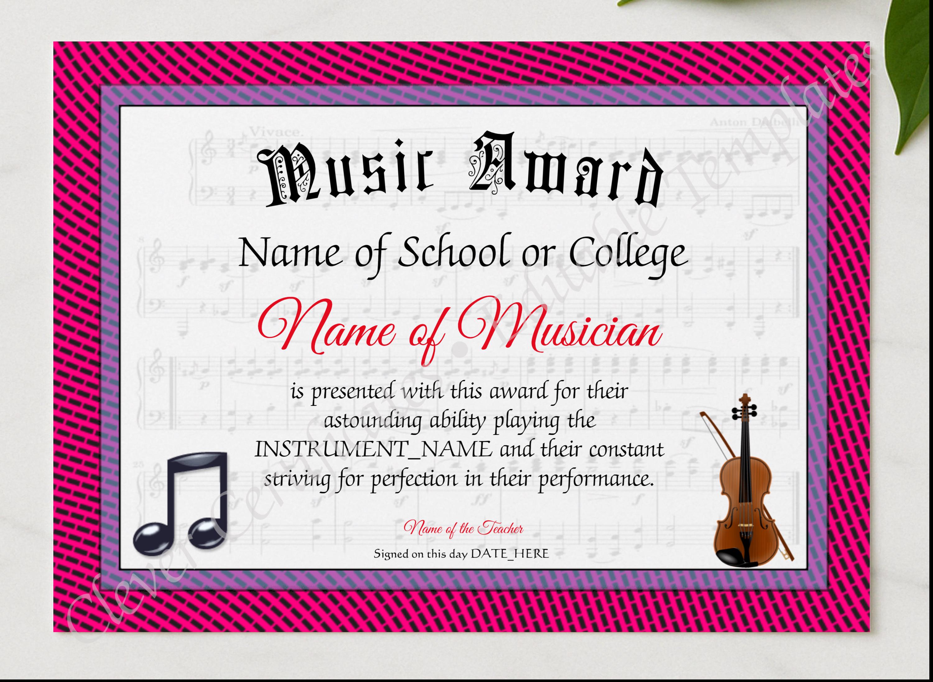 Music Achievement Award Certificate – Editable Recognition for ...
