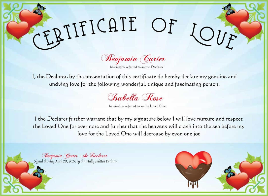 Certificate of Love – Personalized Love Award, Custom Romantic Gift ...