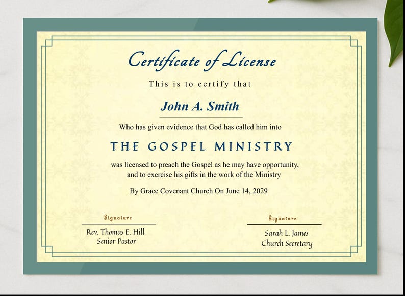 Printable Pastor Ordination Certificate: Editable Minister License (PDF ...