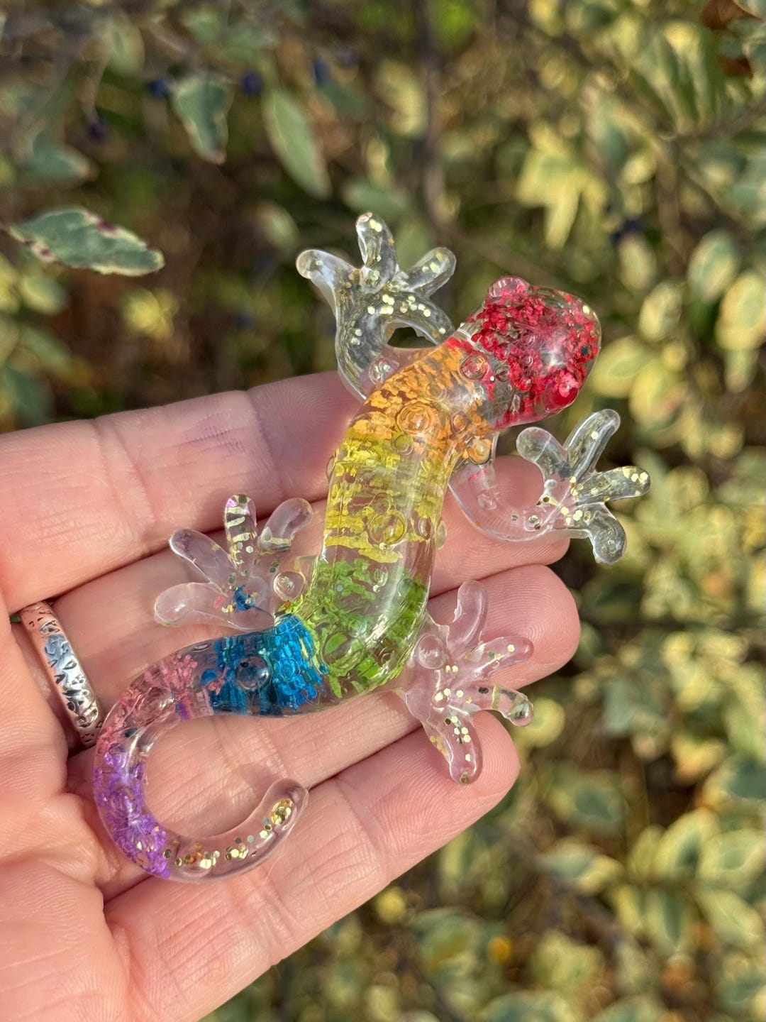 Resin Lizard Figurine | Rainbow Gecko Decor | Floral Decor | Nature ...