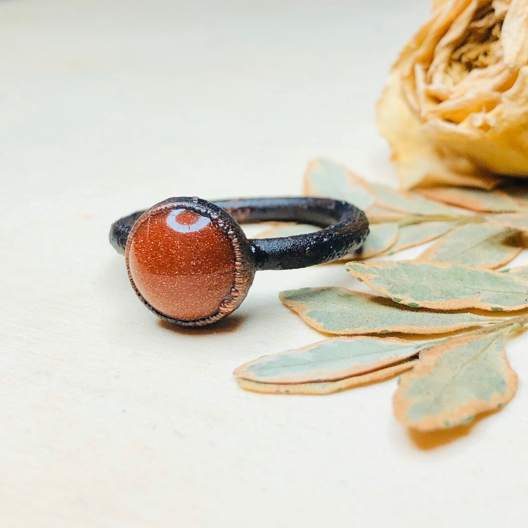 Red Goldstone Ring Copper Gemstone Ring Round Sparkly Stone Ring Size 8 ...
